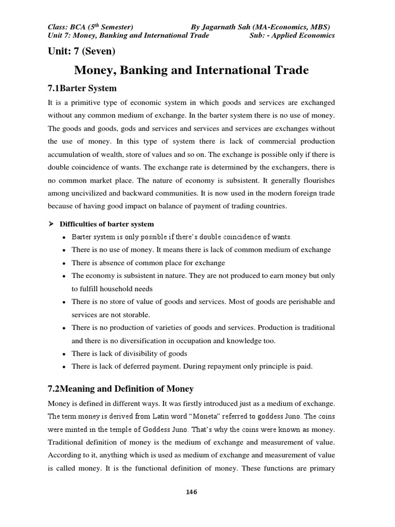 BCA Unit 7 Money, Banking and Internetional Trade | PDF