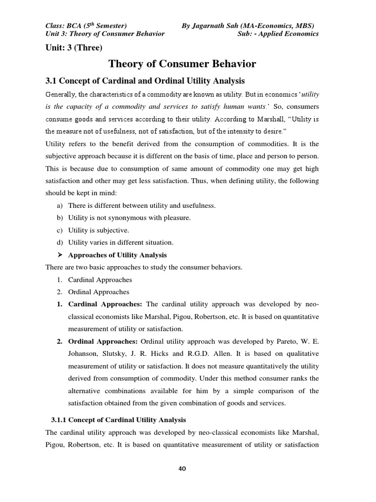 BCA Unit 3 Theory of Consumer Behaviour | PDF