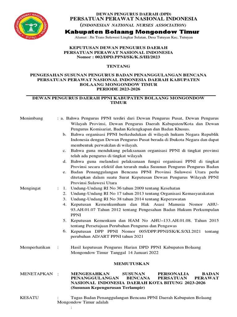 11-SK Pengurus Bapena Ppni Sulawesi Utara | PDF