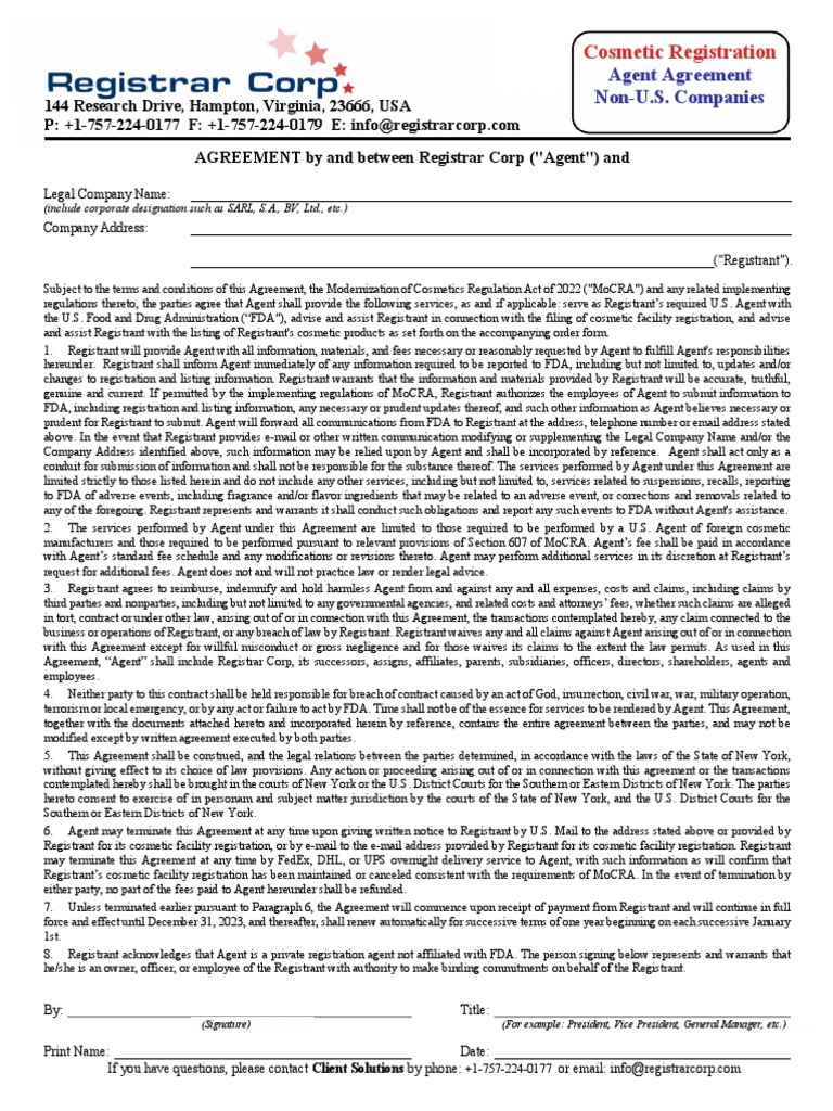 Non-US Cosmetic MoCra Registration Agreement 2023 | PDF