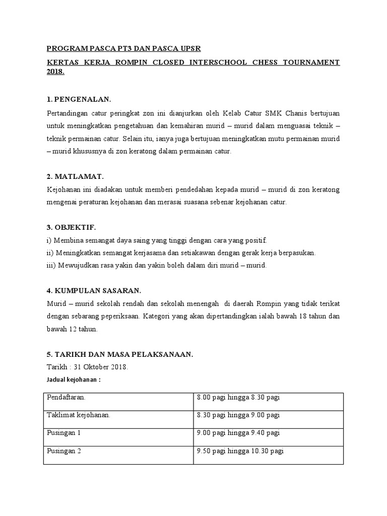 Kertas Kerja Kejohanan Catur Sekolah Zon Keratong | PDF