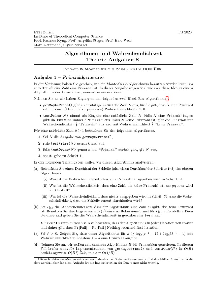 Algorithmen Und Wahrscheinlichkeit Theorie-Aufgaben 8: Aufgabe 1 - Primzahlgenerator | PDF