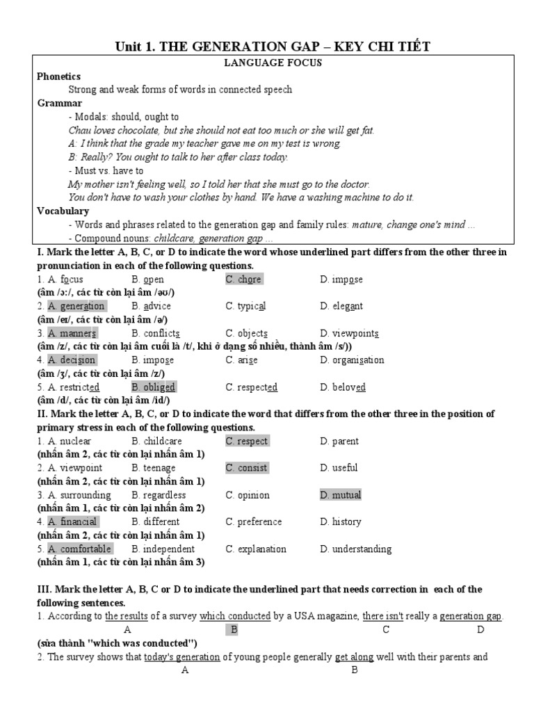 Unit 1 - KEY chi tiết | PDF