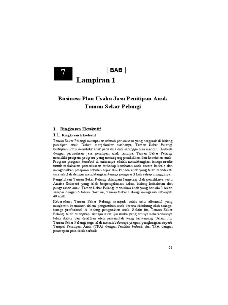Lampiran 1 Contoh Business Plan - Jasa Penitipan Anak | PDF Lampiran 1 Contoh Business Plan - Jasa Penitipan Anak | PDF