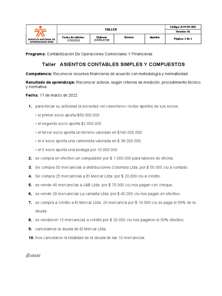 Taller Asientos Contables | PDF Taller Asientos Contables | PDF