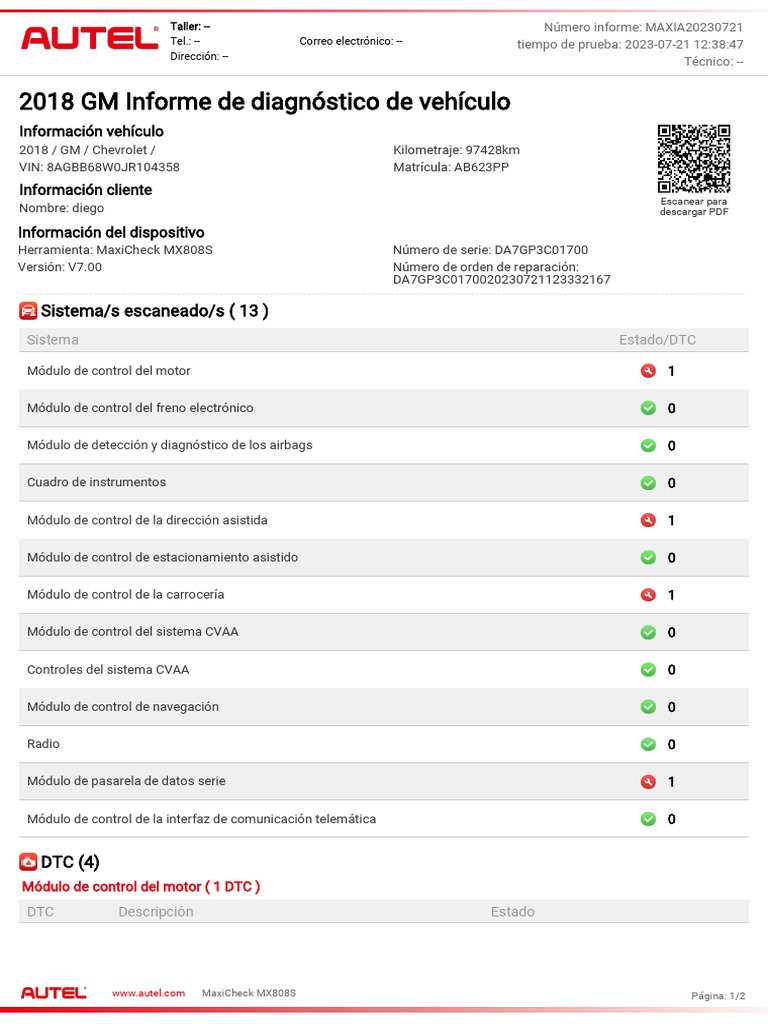 2018 GM Informe de Diagnóstico de Vehículo - 8AGBB68W0JR104358 - 20230721123847 | Descargar ...