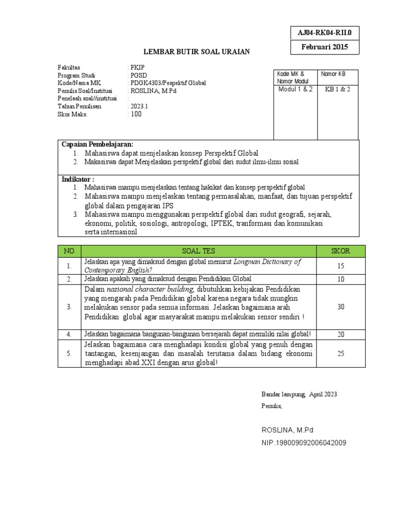 Tugas 1 PDGK4303 Perspektif Global | PDF