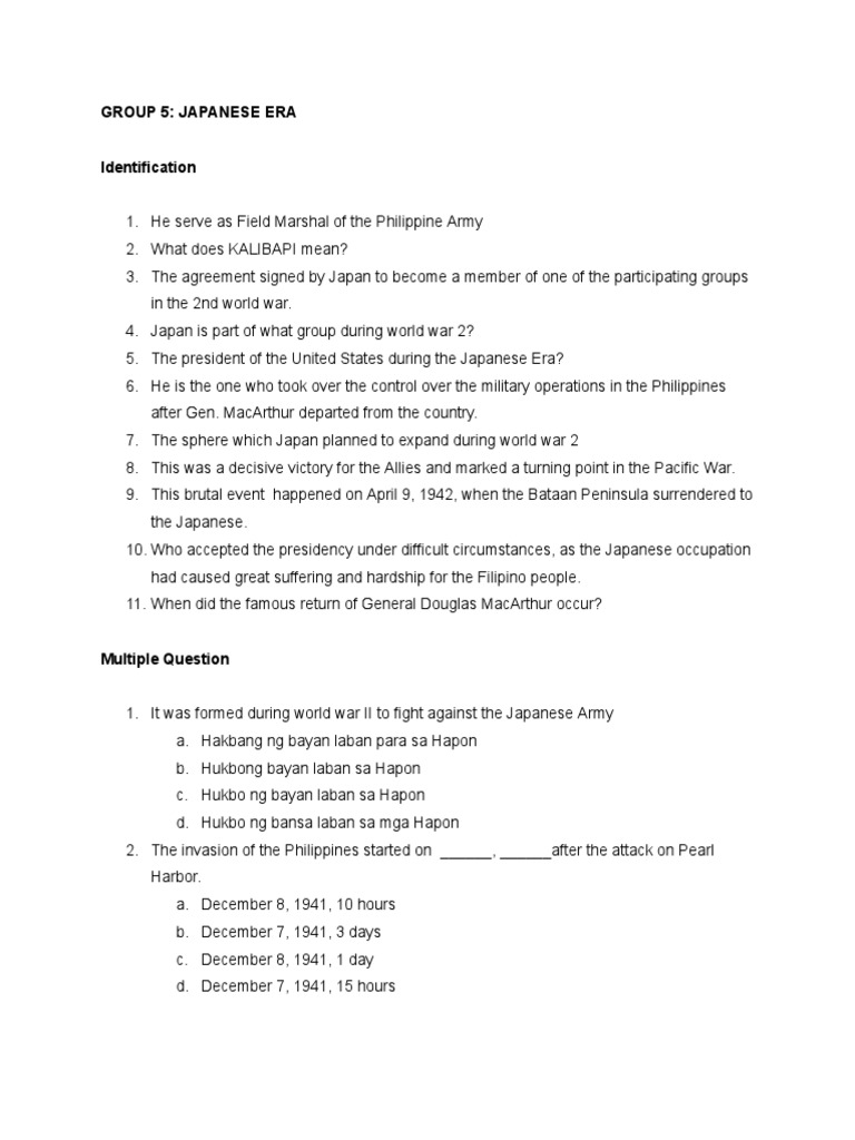 Quiz For RPH Japanese Era | PDF | Empire Of Japan | World War II