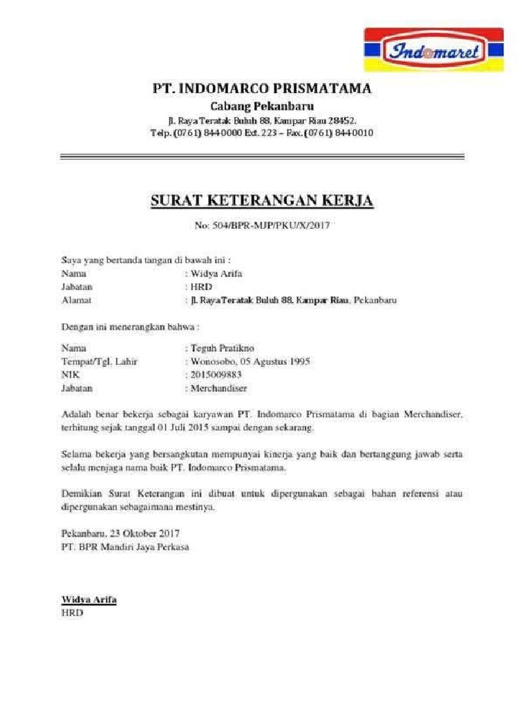 Surat Keterangan Kerja Indomaret Min | PDF