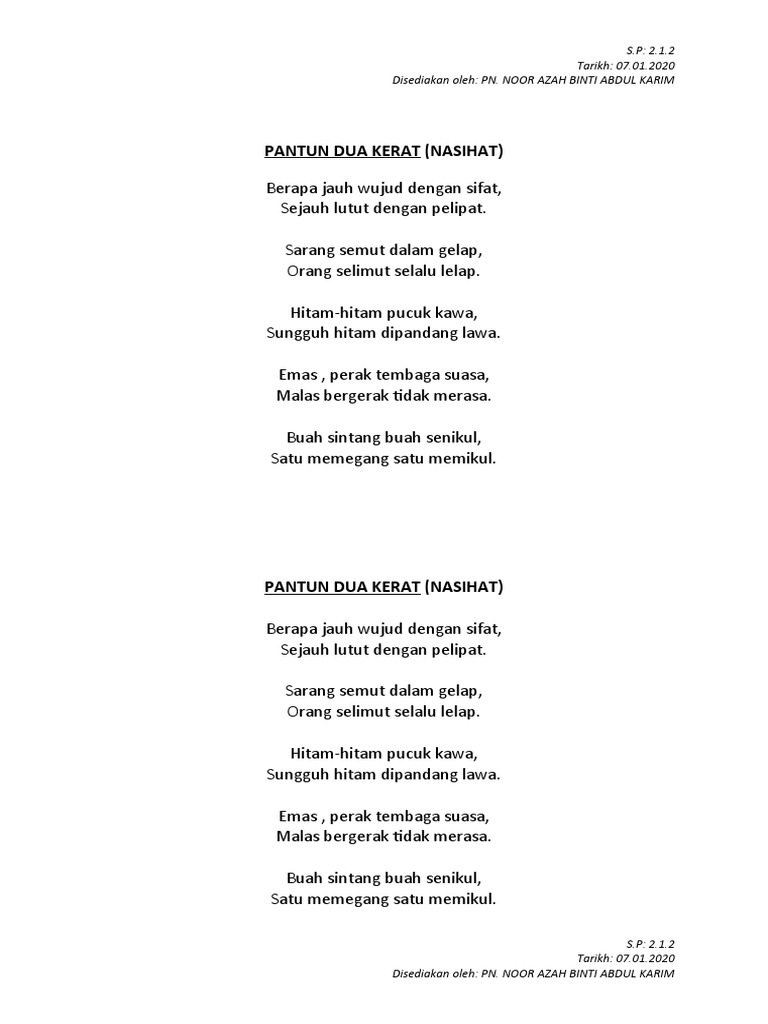 Pantun 2 Kerat (Nasihat) F1 | PDF