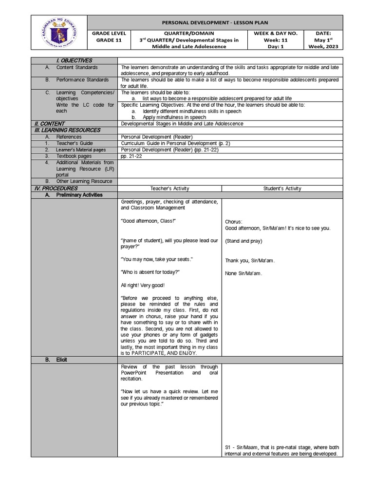 CLRD PerDev Devt Stages Lesson Plan FINAL | PDF | Learning | Adolescence