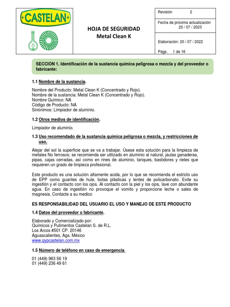 Hoja de Seguridad: Metal Clean K | PDF