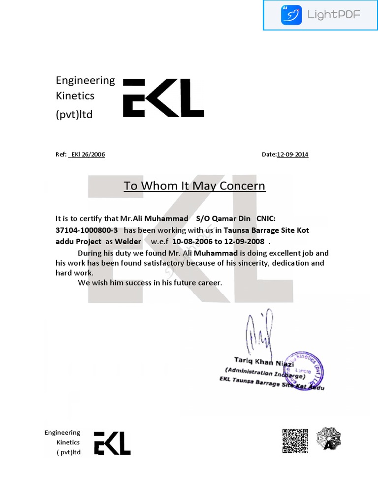 Engineering Kinetics (PVT) LTD: To Whom It May Concern | PDF