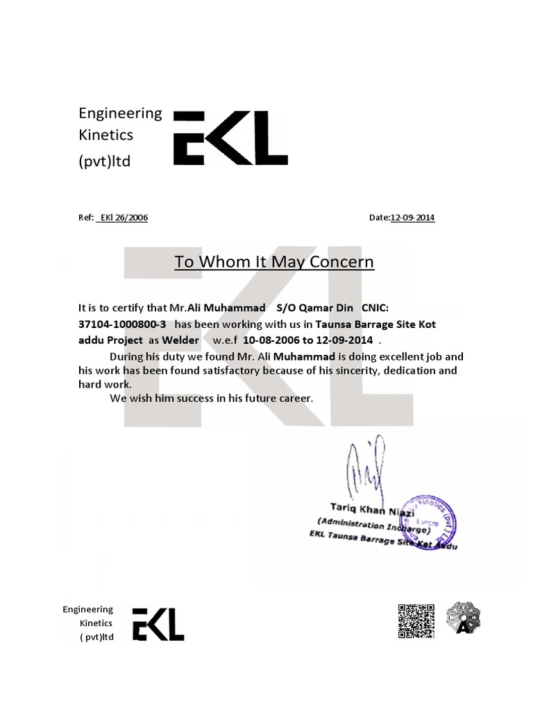 Engineering Kinetics (PVT) LTD: To Whom It May Concern | PDF