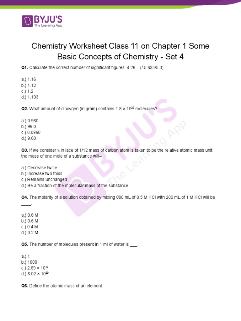 Class 11 Chemistry Worksheet Chapter 1 Some Basic Concepts of Chemistry Questions Set 4 | PDF