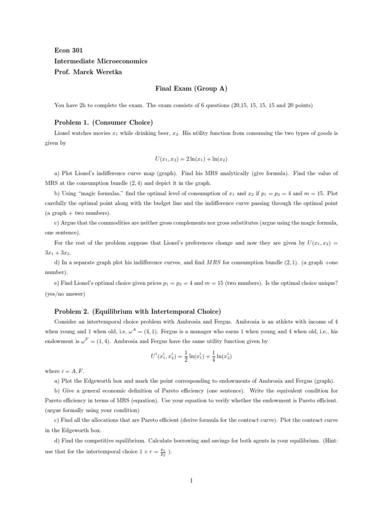 Econ 301 Intermediate Microeconomics Prof Marek Weretka Final Exam Pdf