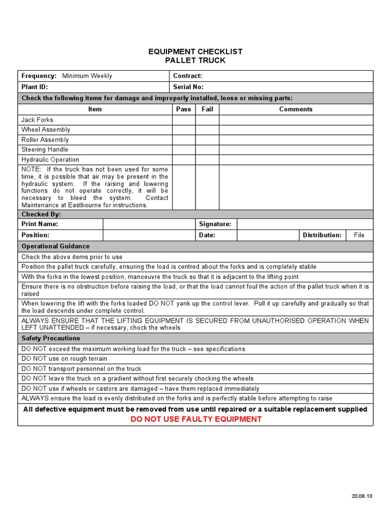 Pallet Truck Inspection Checklist | PDF