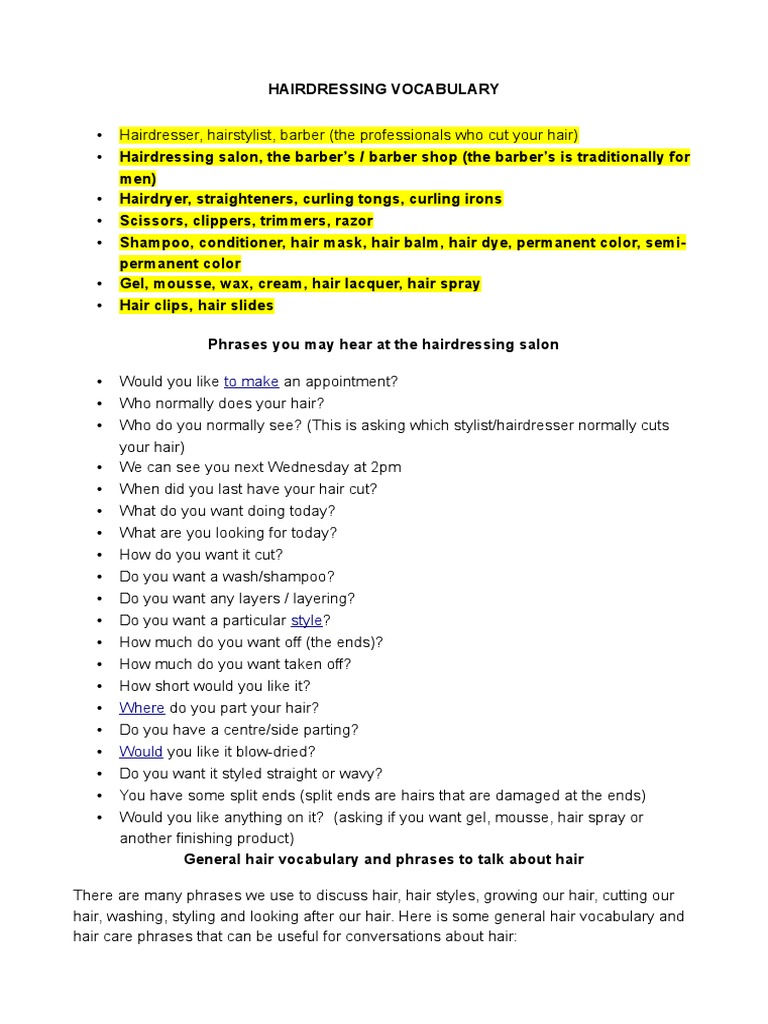 Hairdressing Vocabulary | PDF