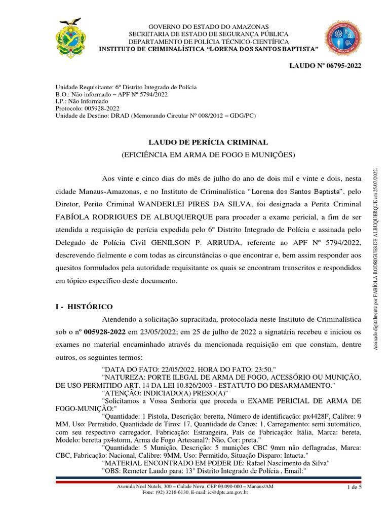 Laudo de Perícia Criminal: Instituto de Criminalística "Lorena Dos ...