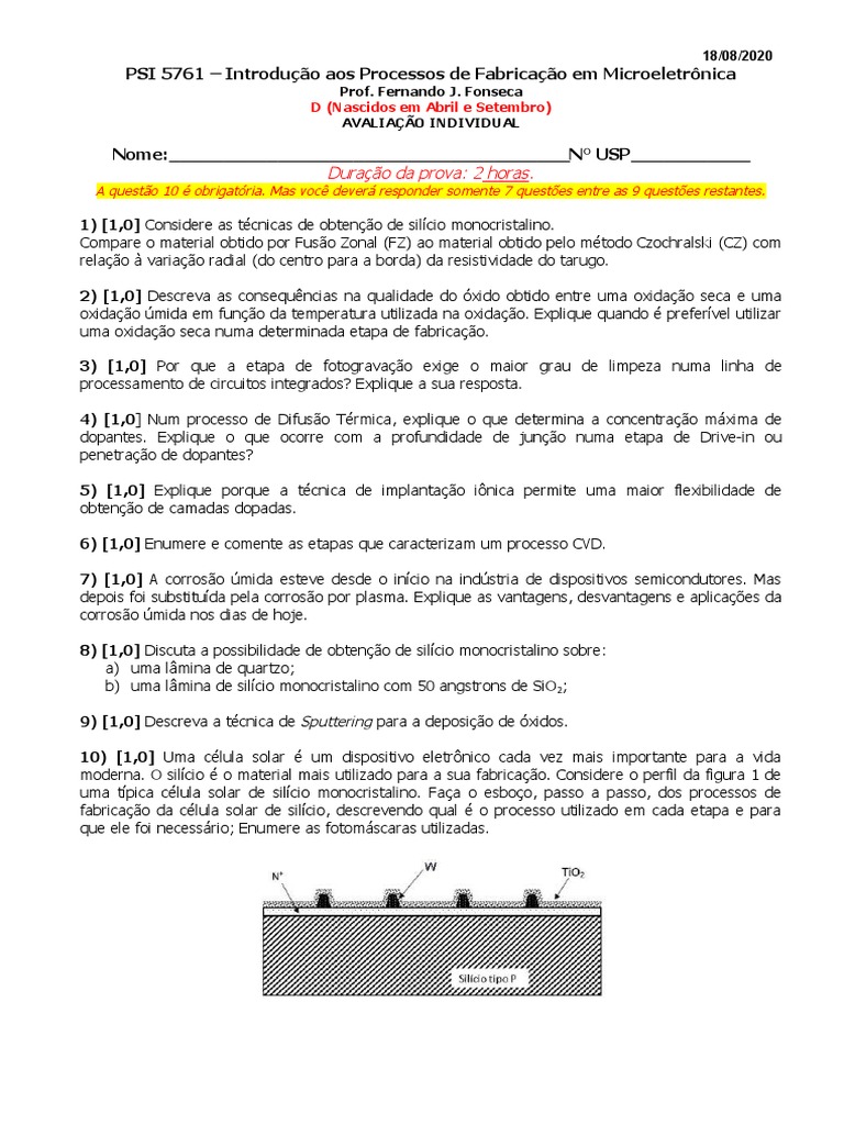 PSI 5761 Prova 2Q 2020 Prova D | PDF | Silício | Deposição de vapor químico