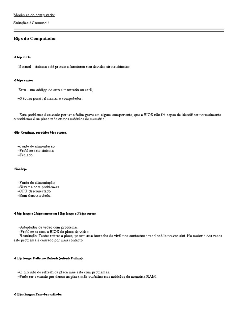 Bips Do Computador - ERROS RELACIONADOS | PDF | BIOS | Memória de acesso aleatório (RAM)