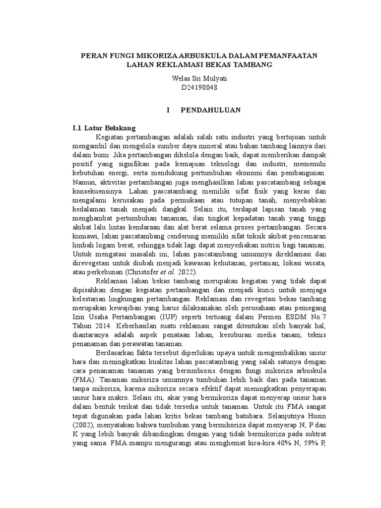 Peran Fungi Mikoriza Arbuskula Dalam Reklamasi Lahan Pasca Tambang | PDF