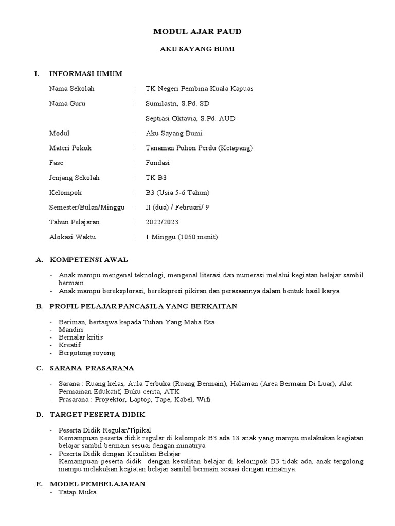 Modul Ajar SMT 2 Aku Sayang Bumi Tanaman Pohon Perdu Ketapang | PDF