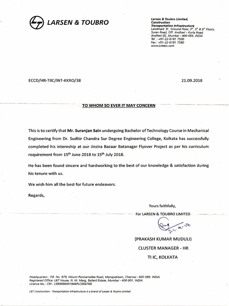 L&T Intern Certificate | PDF