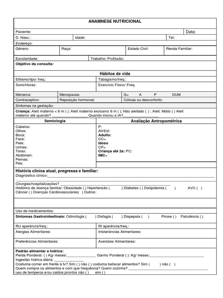 Anamnese Nutricional | PDF | Saúde pública | Ciências da Saúde