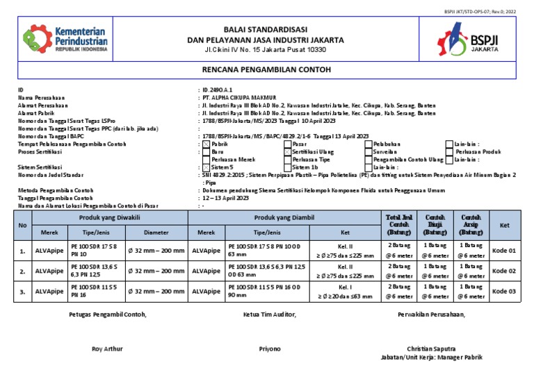 Sampling Plan ALva Pipe | PDF