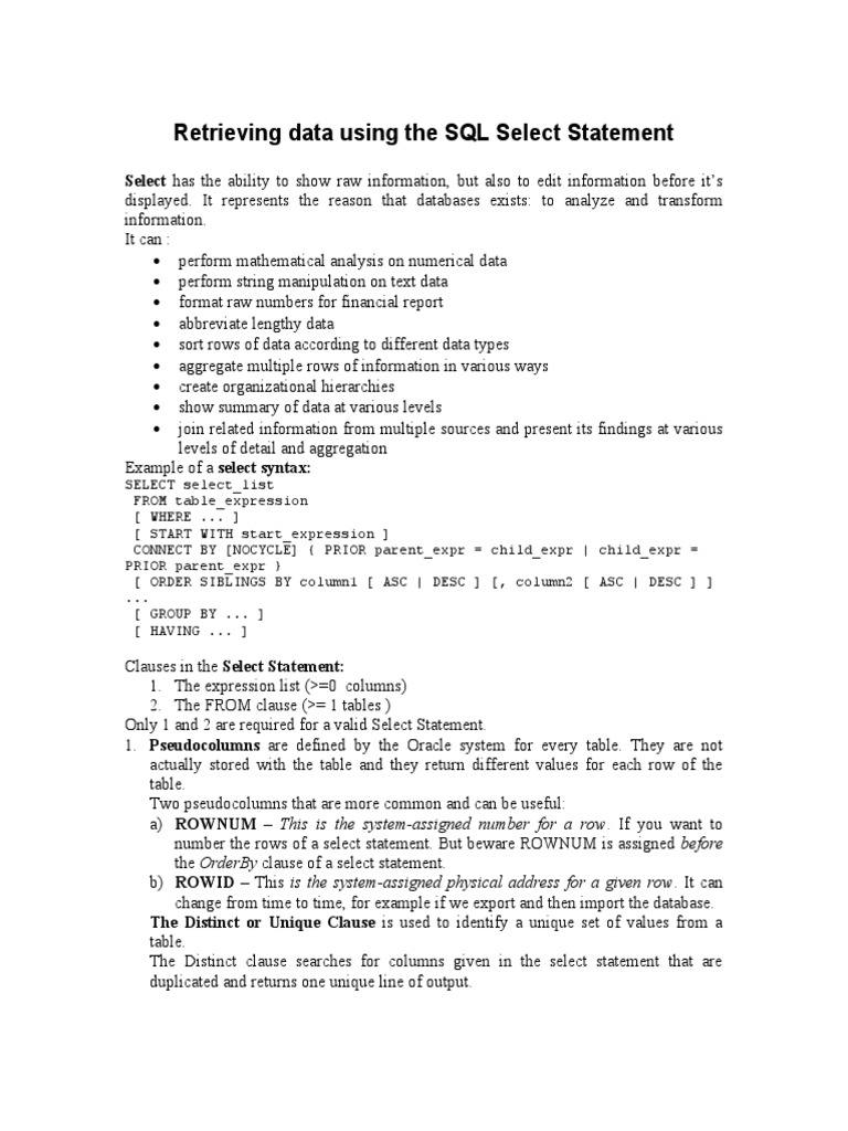 CHAPTER 4. Retrieving Data Using The SQL Select Statement | PDF