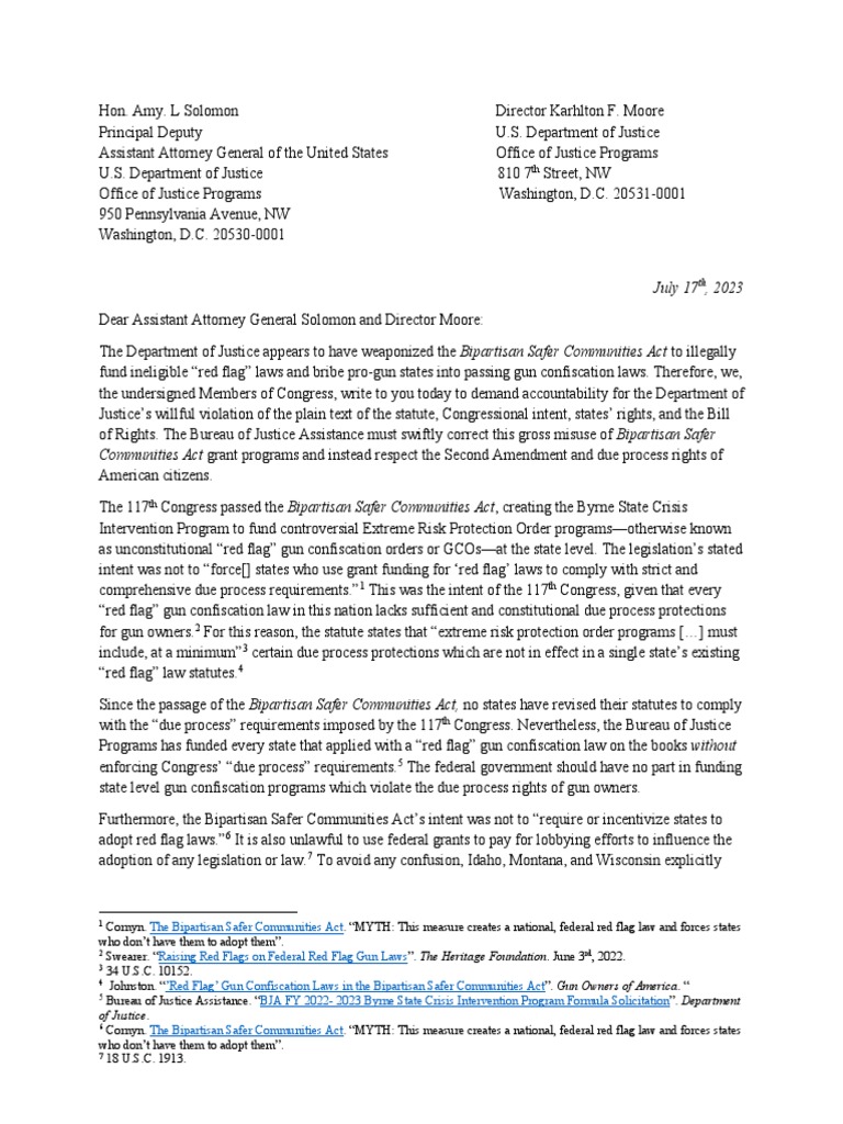 Letter From Congress To DOJ On BSCA Funding Misuse Grants | PDF ...