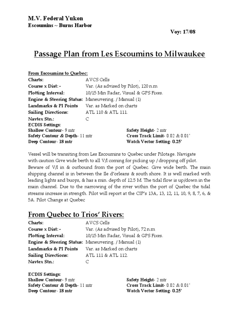 Passage Plan for M.V. Federal Yukon | PDF | Navigation | Water Transport