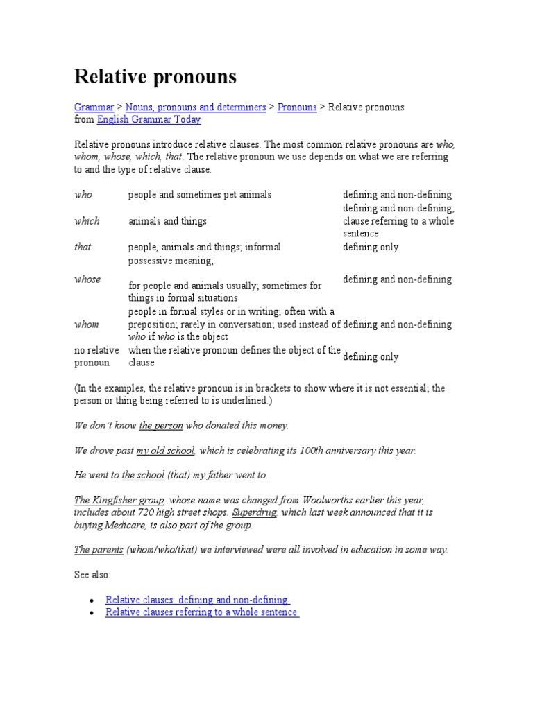 Relative Pronouns | PDF | Pronoun | Preposition And Postposition
