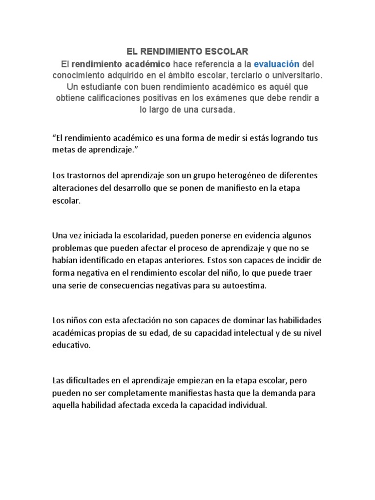 El Rendimiento Escolar | PDF | Crecimiento personal y profesional ...