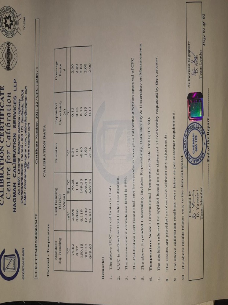 Thermocouple Calibration Certificate | PDF
