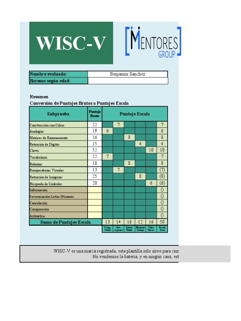 Planilla WISC-V - Protocolo Pedagógico | PDF | Cognición | Ciencia ...