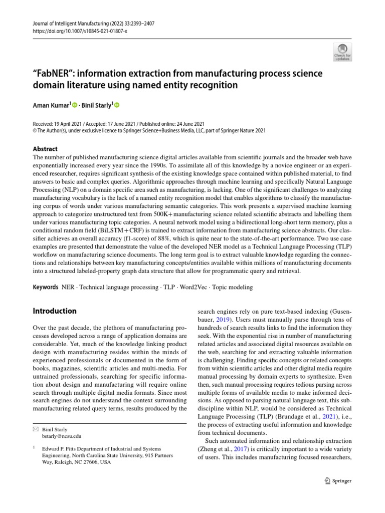 "Fabner": Information Extraction From Manufacturing Process Science Domain Literature Using ...