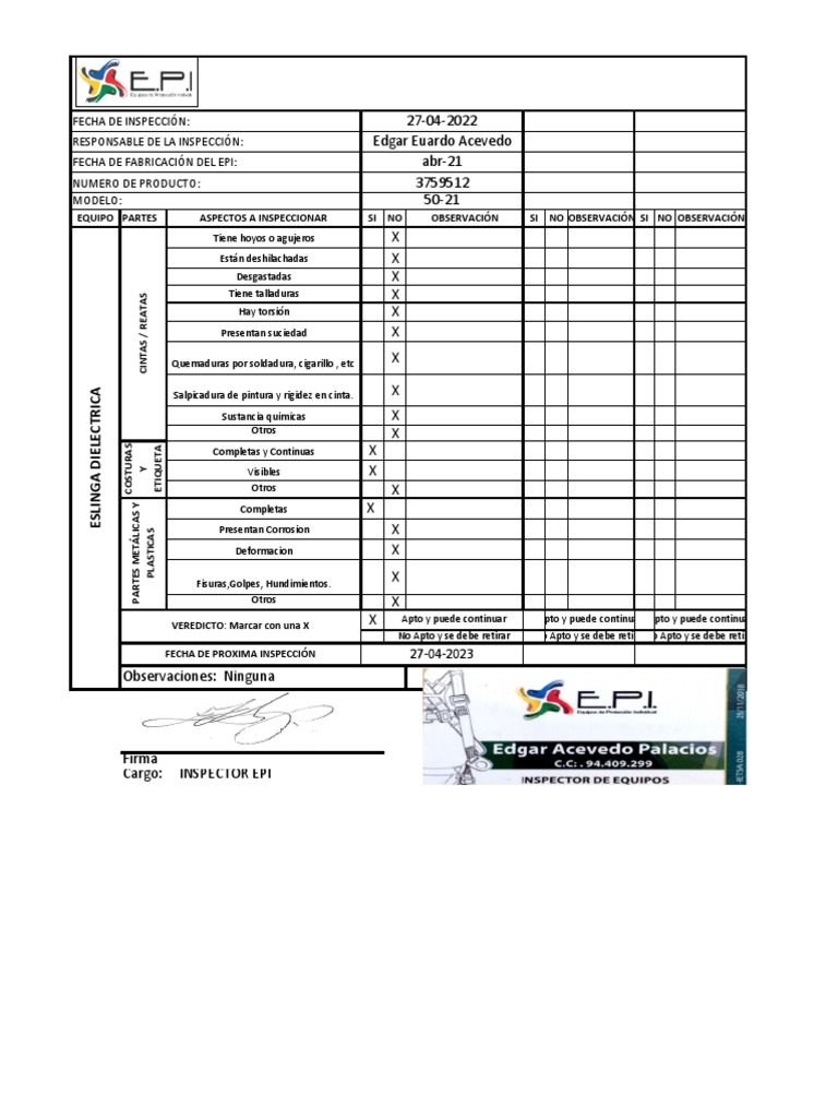 Formato Inspeccion Eslinga Epi 3759512 | PDF