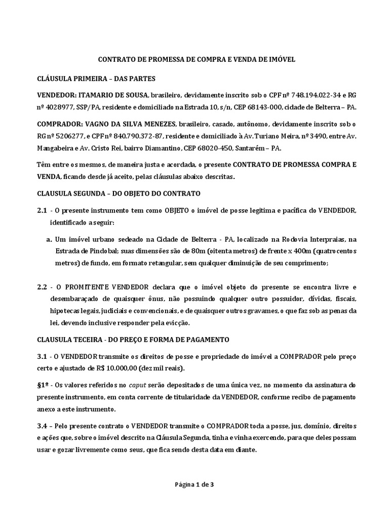 Contrato de Promessa de Compra e Venda de Imóvel | PDF
