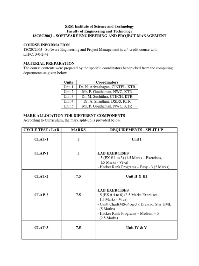 18CSC206J - SEPM - Course Execution Plan - 2021-22 Even - FACULTY ... 18CSC206J - SEPM - Course Execution Plan - 2021-22 Even - FACULTY ...