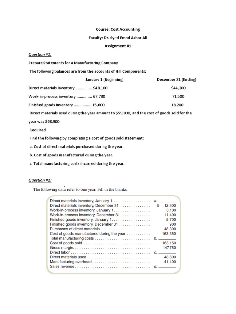 Cost Accounting Assignment#1 | PDF