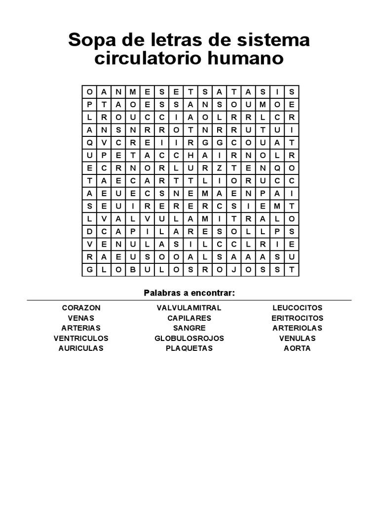 Sopa de Letras Sistema Circulatorio | PDF