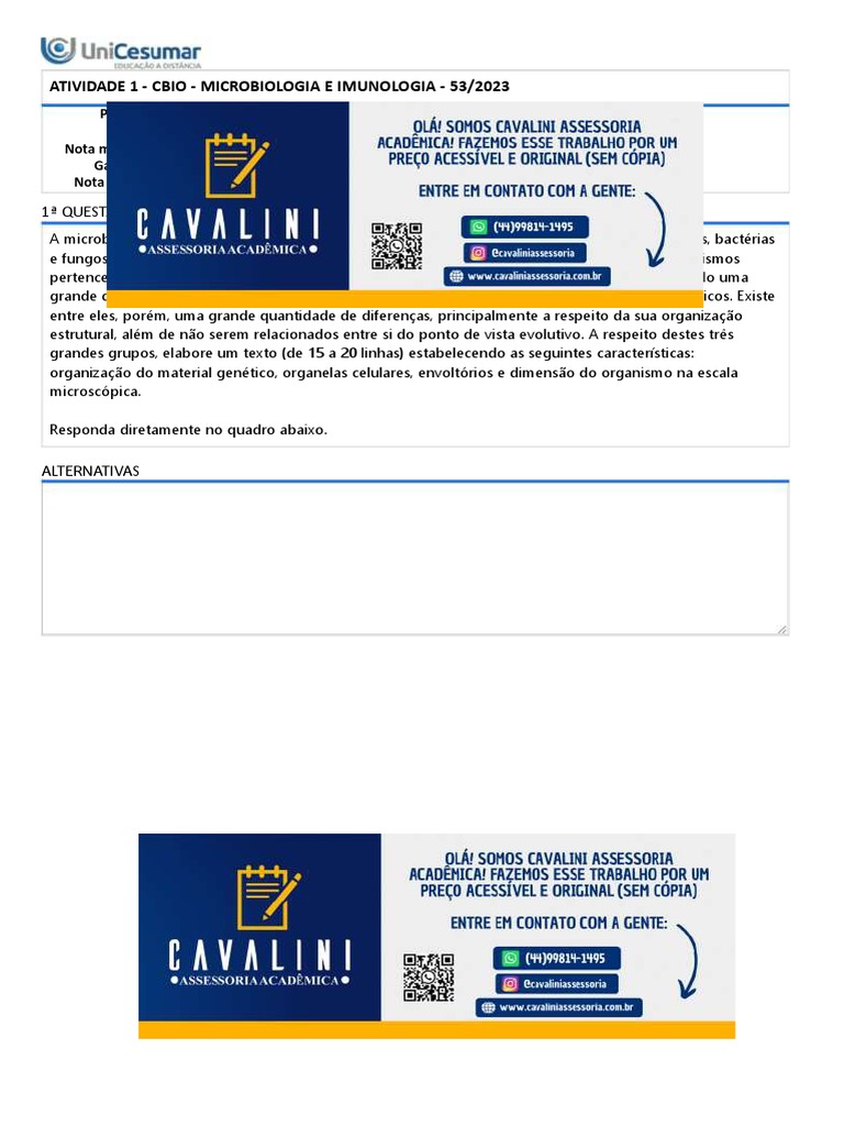 Atividade 1 - Cbio - Microbiologia e Imunologia - 53-2023 | PDF