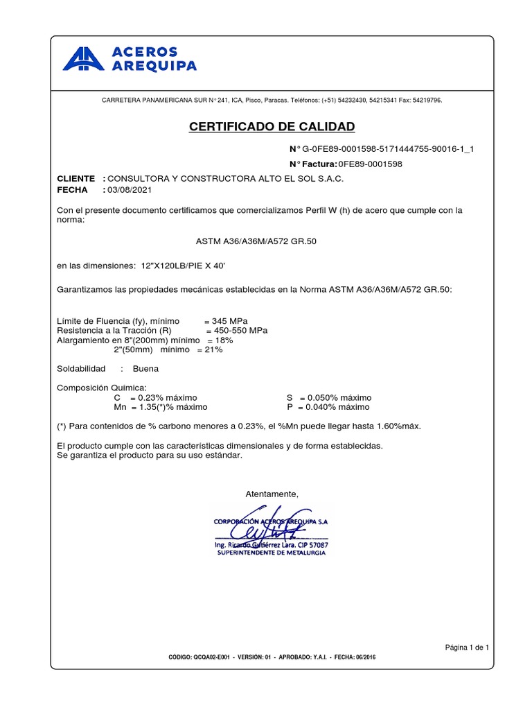 Certificado De Calidad Acero Pdf