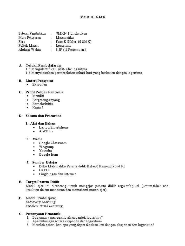 Modul Ajar 2 Logaritma | PDF