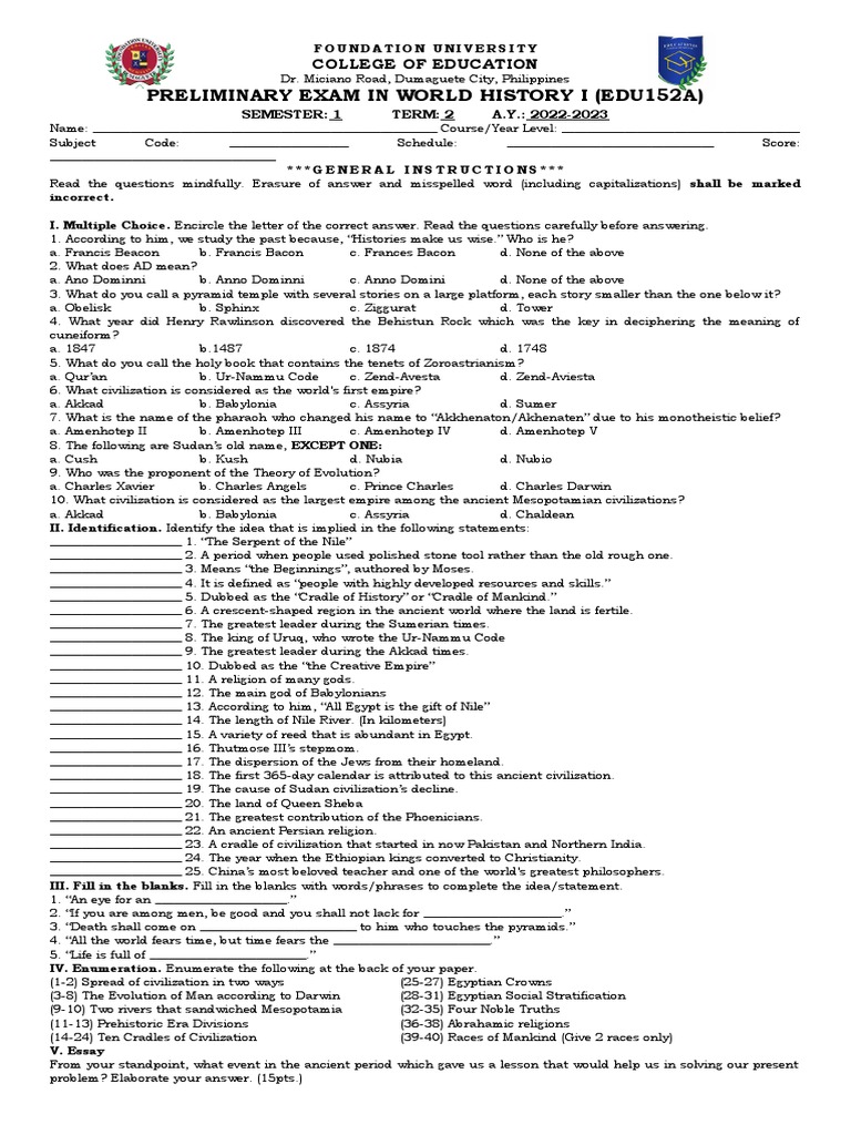 World History Preliminary Exam Guide | PDF