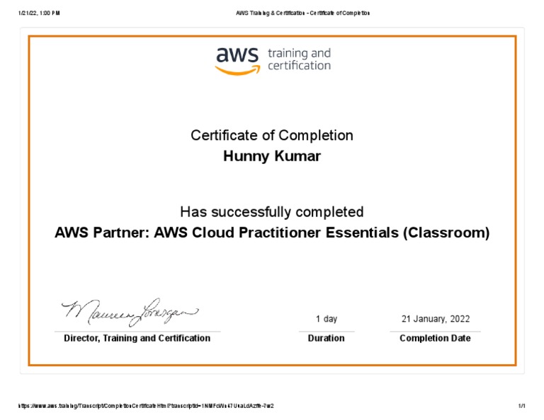 AWS Training & Certification - Certificate of Completion | PDF