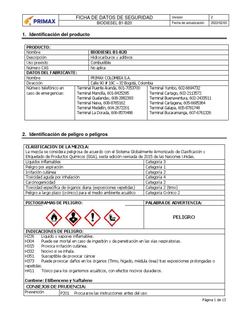 2022-02 Primax, Ficha de Seguridad Diesel ACPM | PDF