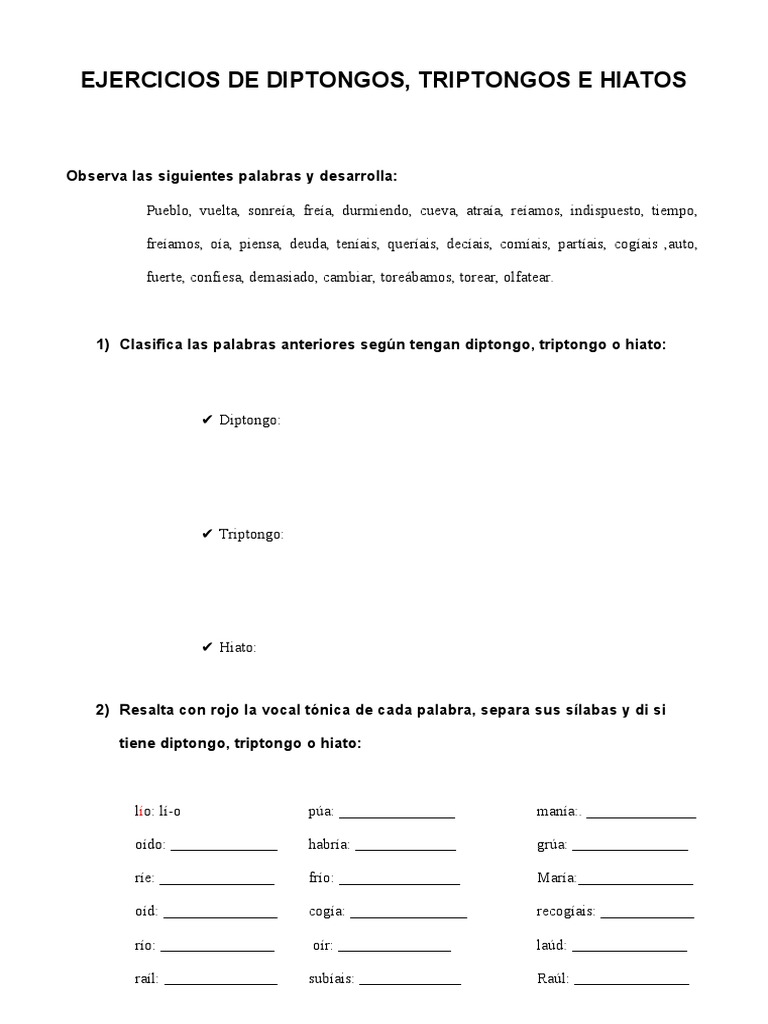 Ejercicios de Diptongo, Triptongo y Hiato | PDF